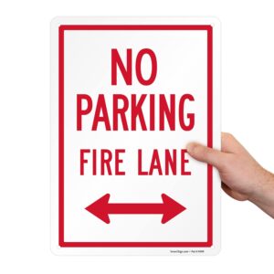 SmartSign 14 x 10 inch “No Parking - Fire Lane” Metal Sign with Bidirectional Arrow, 40 mil Laminated Rustproof Aluminium, White and Red, Made in USA