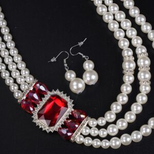 Aimimier 1920s 3-strand White Faux Pearl Necklace and Earrings Set with Red Crystal and Rhinestone Long Pearl Necklace Statement Women Jewelry