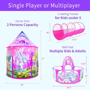 3 in 1 Kids Play Tent for Toddler with Play Tunnel+Baby Ball Pit+Castle Tent, Pop Up Unicorn Kids Playhouse for Boys and Girls Gift, Collapsible Children Play Tent Toy Indoor and Outdoor Play Games