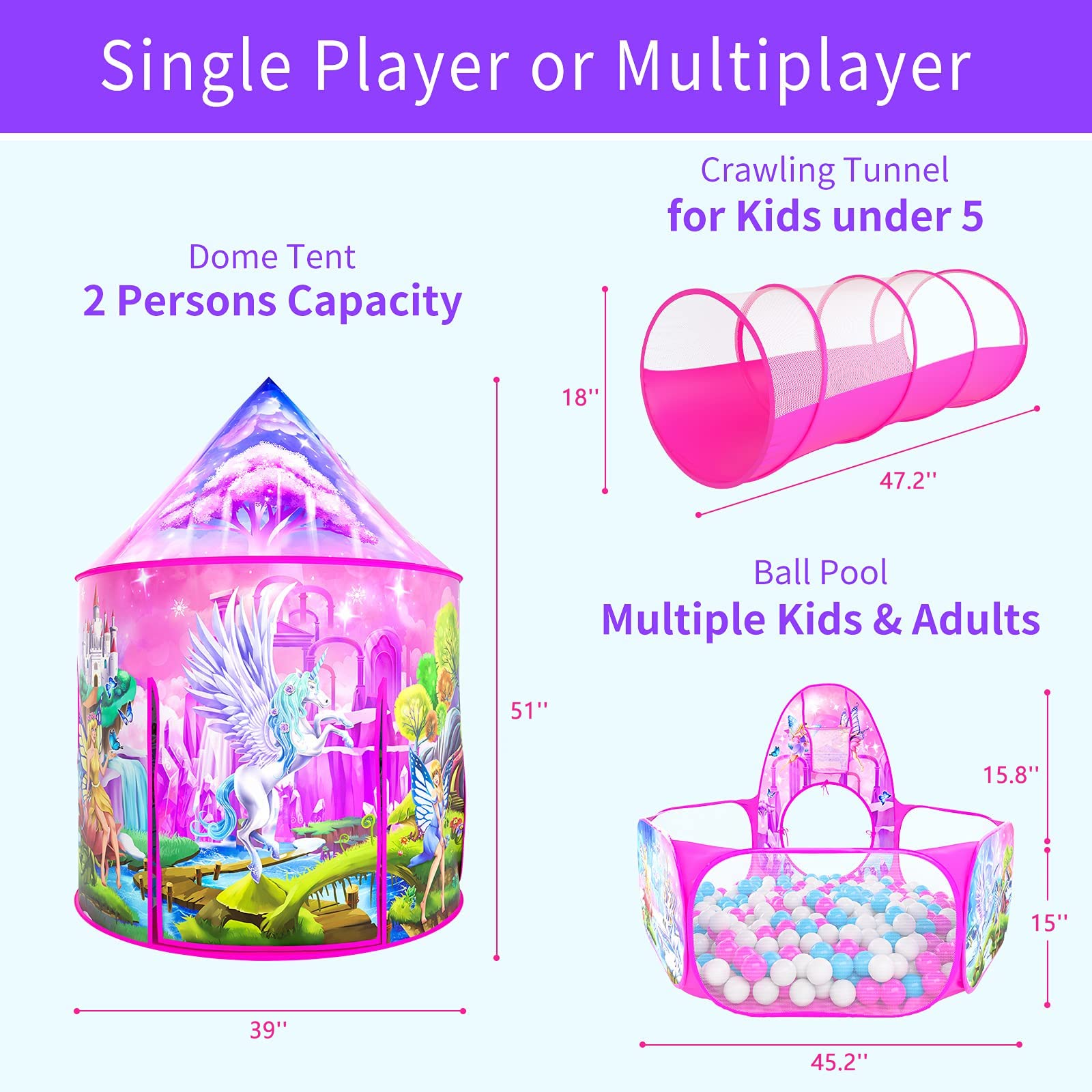 3 in 1 Kids Play Tent for Toddler with Play Tunnel+Baby Ball Pit+Castle Tent, Pop Up Unicorn Kids Playhouse for Boys and Girls Gift, Collapsible Children Play Tent Toy Indoor and Outdoor Play Games