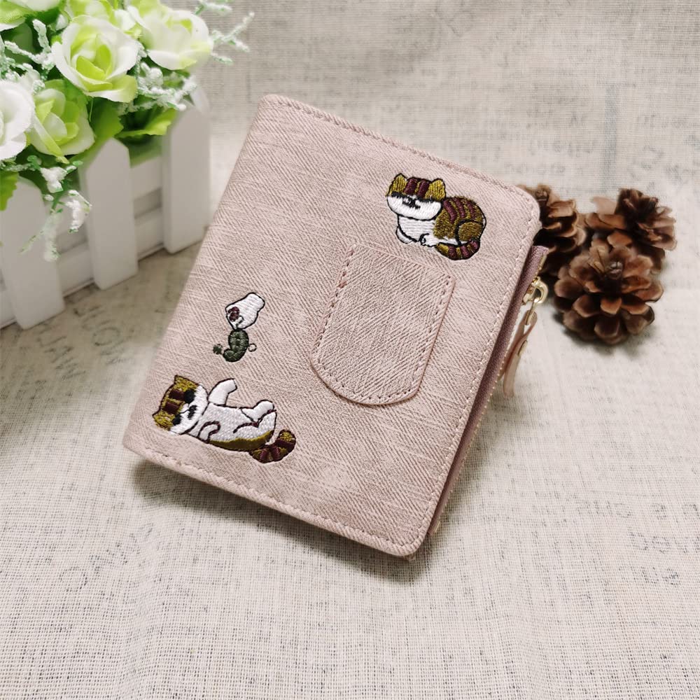 QingLuo Cat Embroidered Canvas Purse Minimalist Jeans Style Buckle Wallet for Christmas Birthday Present(Pink)