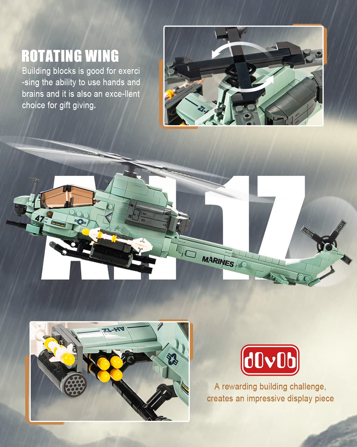 dOvOb Military AH-1Z Viper Helicopter Building Blocks Set, Army Plane Toys as Gift for Kids or Adult (597 Pieces)