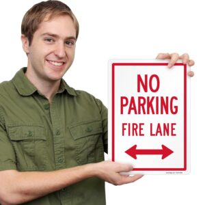 SmartSign 14 x 10 inch “No Parking - Fire Lane” Metal Sign with Bidirectional Arrow, 40 mil Laminated Rustproof Aluminium, White and Red, Made in USA