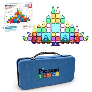 picassotiles 100 pc magnetic mini tiles + carry case: steam educational playset for kids includes travel storage organizer - fun learning, construction, engineering, and sensory development gift idea