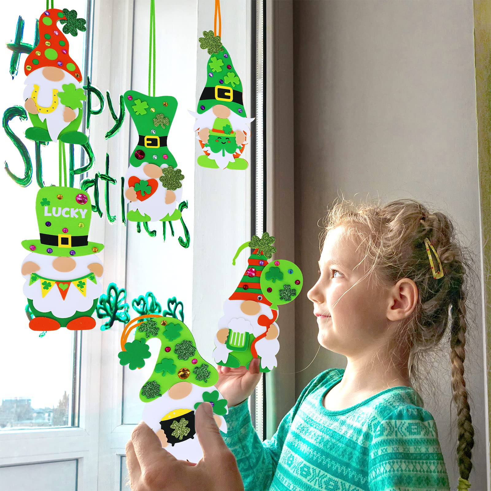 Winlyn 24 Sets St. Patrick's Day Decorations Gnome Shamrock Ornaments DIY St. Pat's Craft Kits Assorted Lucky Four-Leaf Clover Irish Shamrock Foam Stickers for Kids Classroom Home Activity Art Project