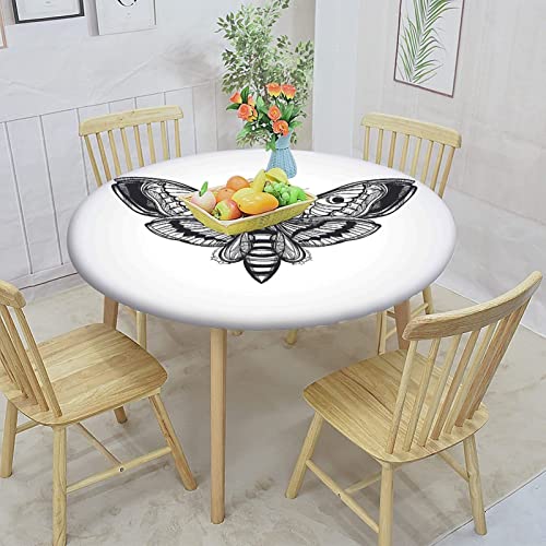 Skull Round Fitted Tablecloth with Elastic Edge,Dead Moth Kull Face Print Polyester Table Cloth, XLarge, Fit Round Tables up 59"-63" Diameter, for Christmas Thanksgiving Wedding Party Dining Banquet