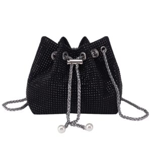 anopo women's sparkly rhinestone bag purse glitter handbag evening bag drawstring bucket crossbody bag for wedding party prom black