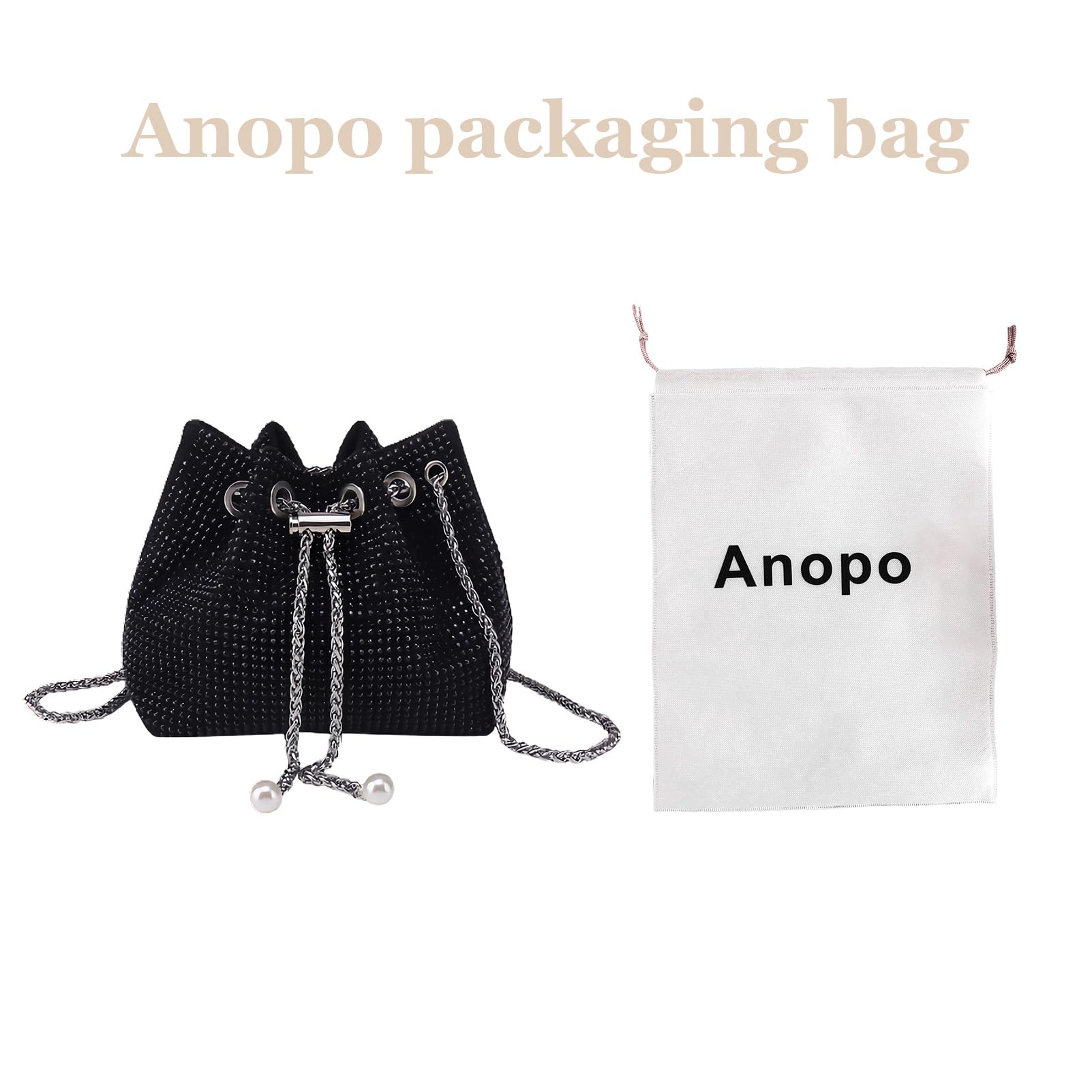 Anopo Women's Sparkly Rhinestone Bag Purse Glitter Handbag Evening Bag Drawstring Bucket Crossbody Bag for Wedding Party Prom Black