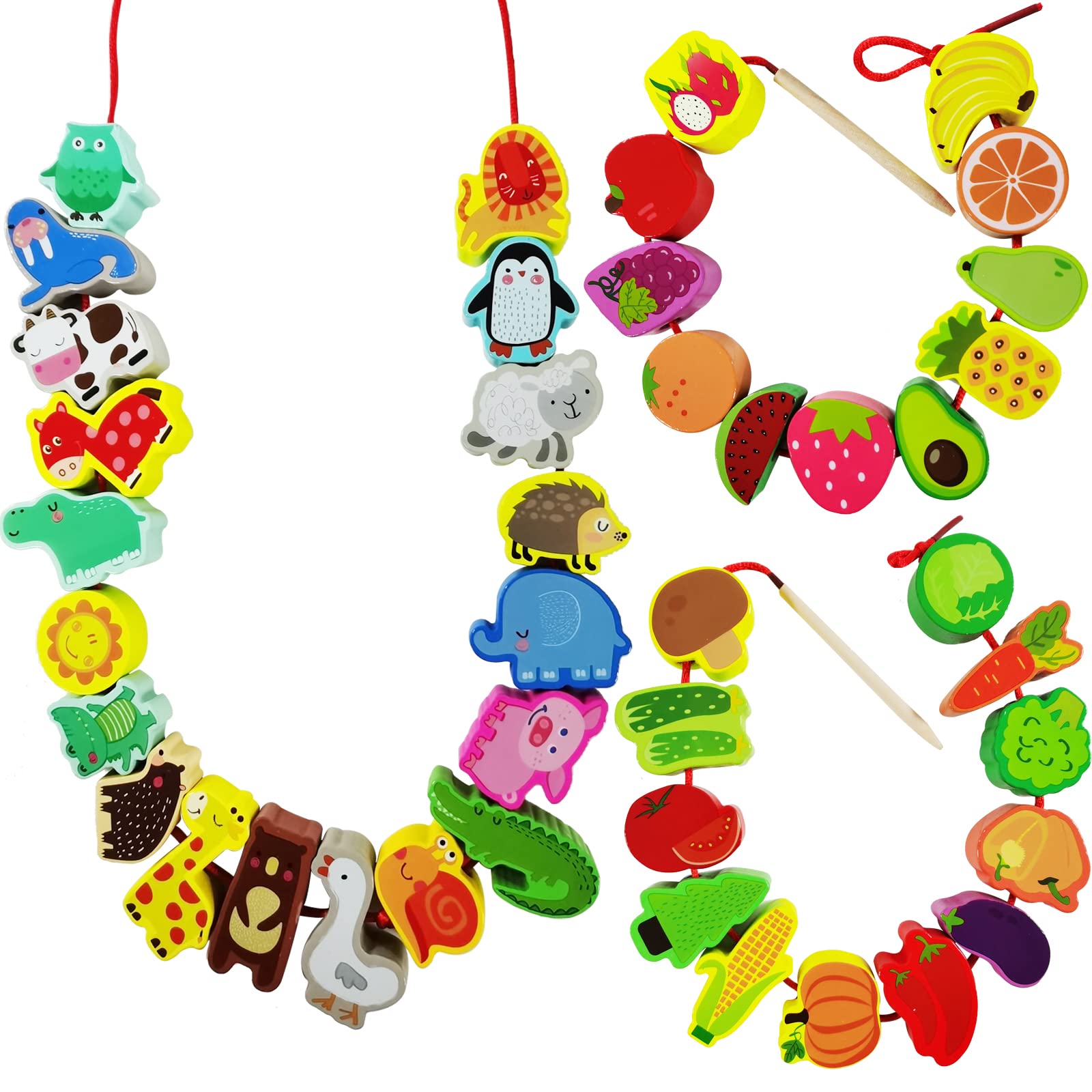 Visen 46Pcs Wooden Animals Fruits Vegetables String Threading Beads,Include 42Wooden Lacing Beads 4String Ropes,Montessori Toddler Preschool Activities Lacing Toys for Toddlers 3 4 5 6 Year Old