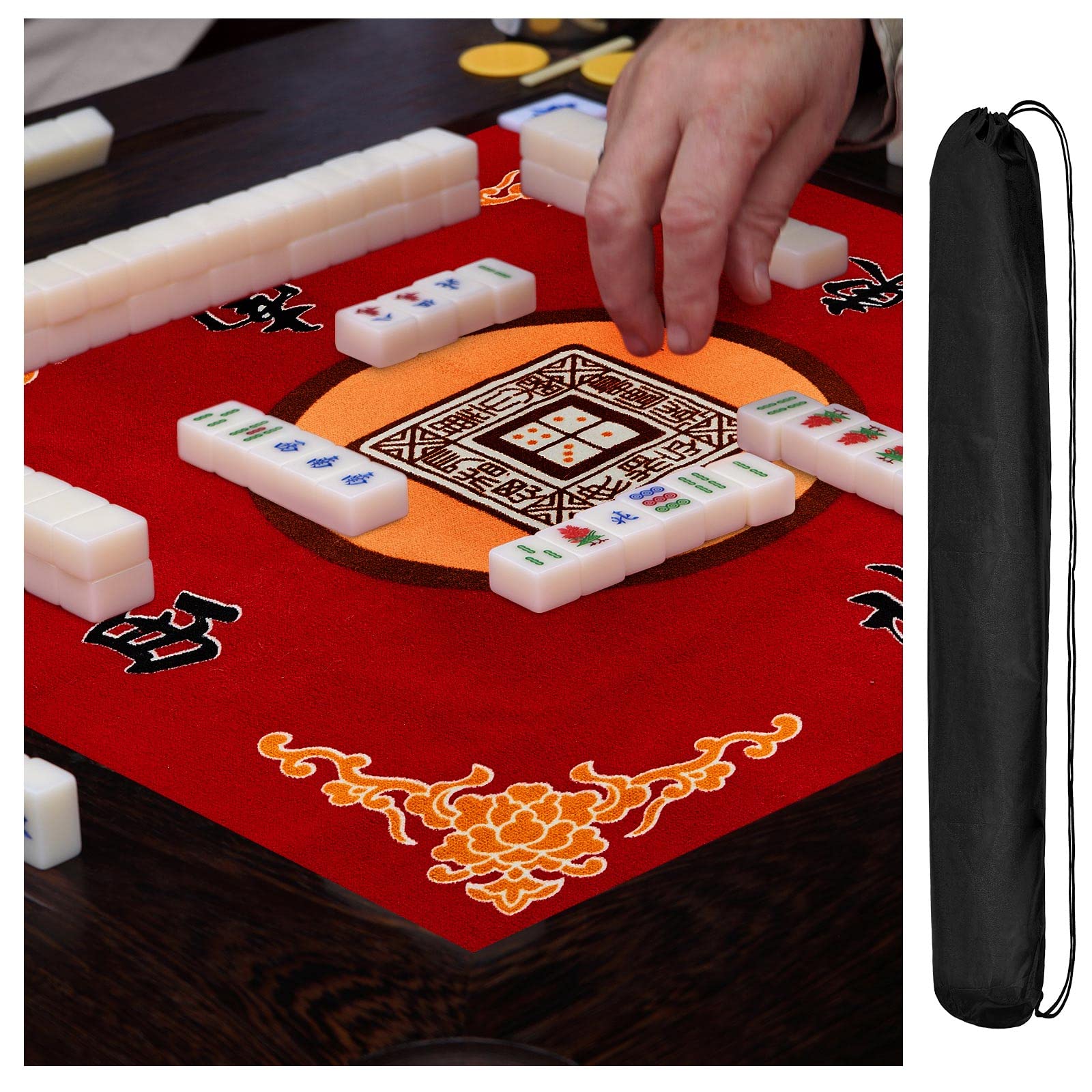 Juexica Mahjong Mat with Bag, Anti Slip Noise Reduction Table Cover Board Game Mat Mahjong Table Mat Mahjong Accessories Tablecloth Mahjong Paigow Poker Cards (Red)