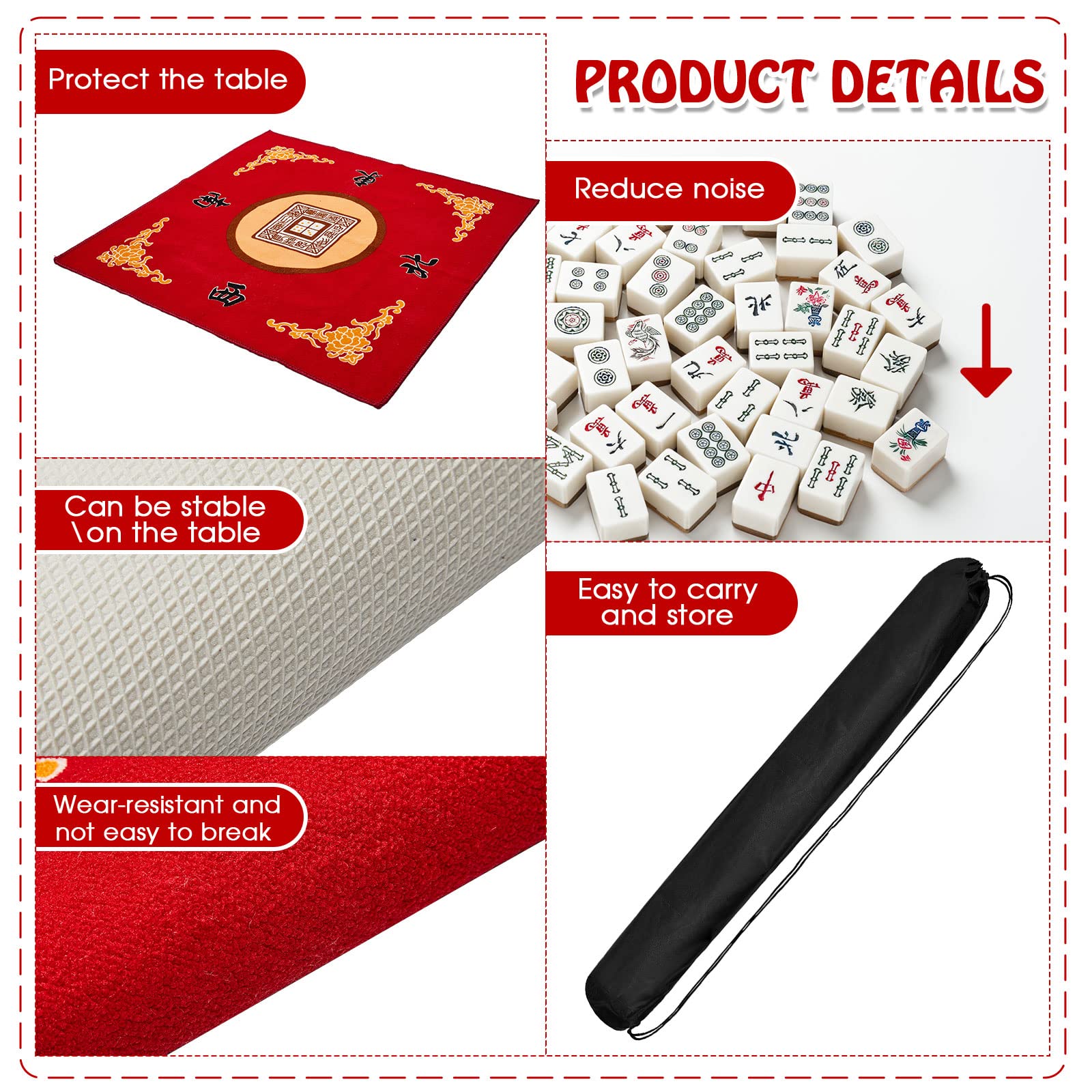 Juexica Mahjong Mat with Bag, Anti Slip Noise Reduction Table Cover Board Game Mat Mahjong Table Mat Mahjong Accessories Tablecloth Mahjong Paigow Poker Cards (Red)