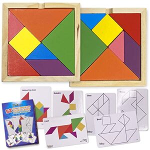 3 bees & me 2 wooden tangram shapes puzzle toys with 52 pattern cards for kids and adults - montessori wood toy, stem shape puzzles manipulatives games, educational tangrams, brain logic blocks