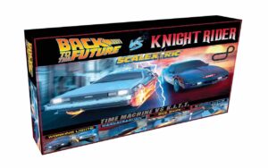 scalextric c1431m 1980s tv - back to the future vs knight rider race set- mains power slot car race track sets, 1:32 scale set, electric racing toys for adults or kids, age 8+