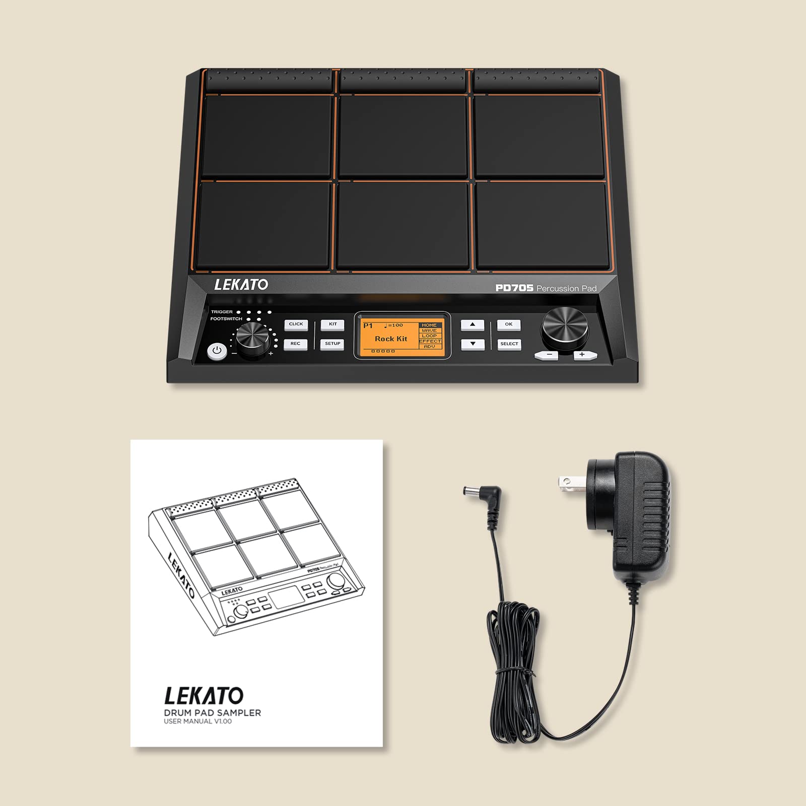 LEKATO Percussion Sample Pad, Electric Drum Pad with 9 Velocity-Sensitive Drum Pad, 592+ Sounds, Electronic Drum Set Pad Multipad with MIDI out, USB MIDI, AUX, Looper, Metronome, Trigger inputs