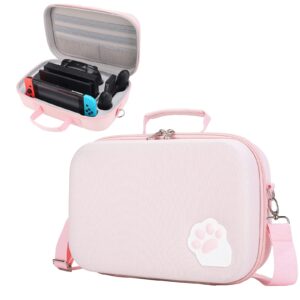 pink cute cat paw case compatible with nintendo switch/oled model portable compact hard shell travel carrying case fit switch console & full set game accessories with mesh pocket and 18 card slots.