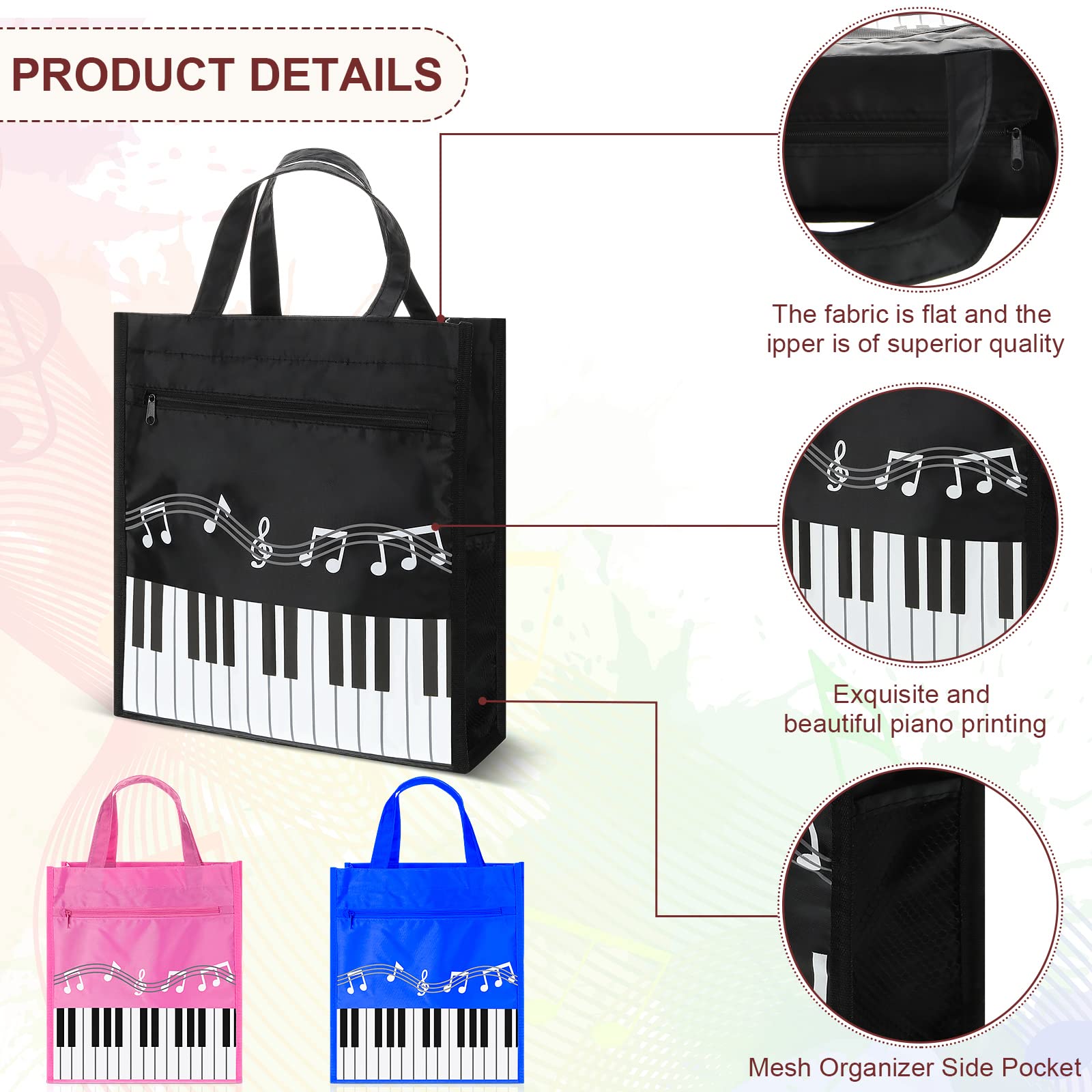 Cunno 3 Pcs Piano Keys Handbag Small Piano Music Bag Reusable Tote Bag Shoulder Shopping Bag Book Bag Tote for Piano Music Teacher Gifts