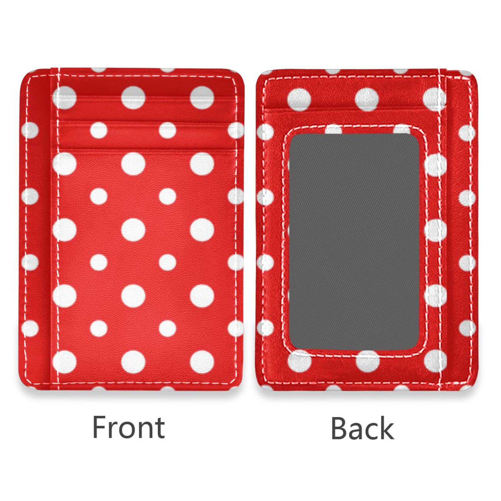 OTVEE Red and White Polka Dot Slim Minimalist Wallet Small Card Wallets PU Leather Front Pocket Wallets