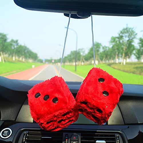 Fuzzy Plush Dice for Car Mirror, Pair of Retro 3” Red Dice with Black Dots for Car Interior Hanging Ornament Decoration