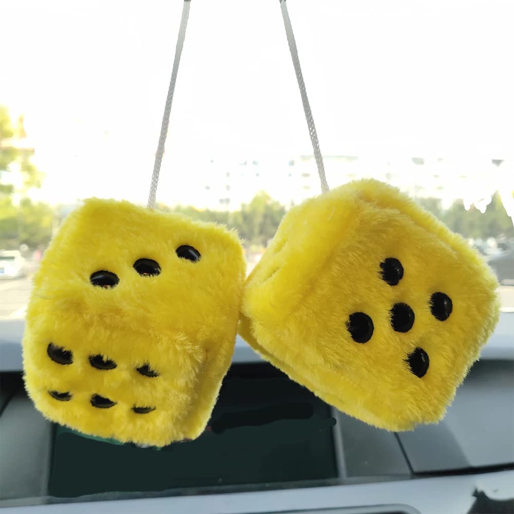 Fuzzy Plush Dice for Car Mirror, Pair of Retro 3” Red Dice with Black Dots for Car Interior Hanging Ornament Decoration