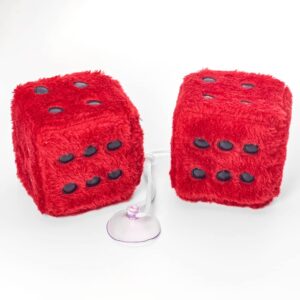 Fuzzy Plush Dice for Car Mirror, Pair of Retro 3” Red Dice with Black Dots for Car Interior Hanging Ornament Decoration