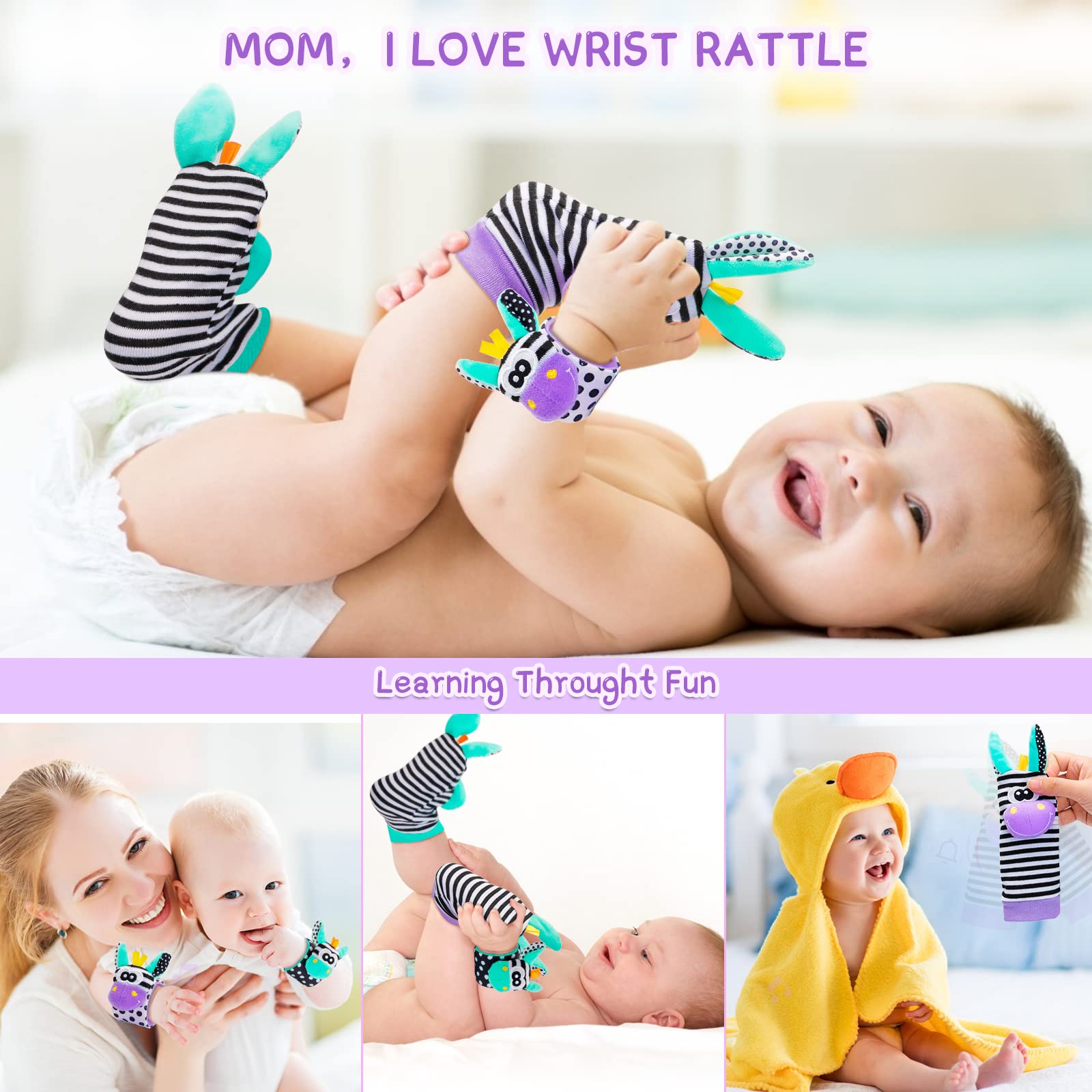 Baby Wrist Rattles Sock Toys - Newborn Baby Sock Toys 0-6 Months, Foot Finder and Wrist Rattle Set Hand and Feet Rattle for Babies, Infant Rattle Socks Toy, Soft Sensory Toy for Baby Boy Girl Gift