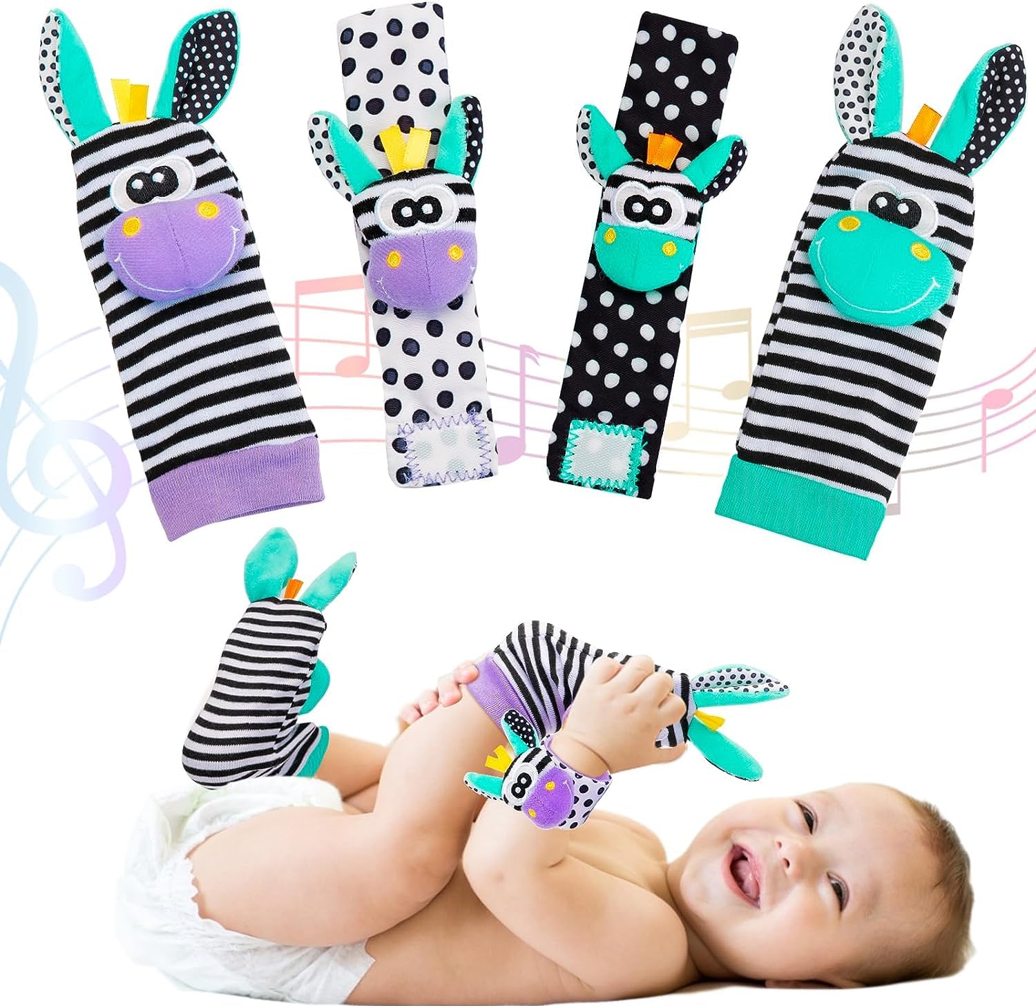 Baby Wrist Rattles Sock Toys - Newborn Baby Sock Toys 0-6 Months, Foot Finder and Wrist Rattle Set Hand and Feet Rattle for Babies, Infant Rattle Socks Toy, Soft Sensory Toy for Baby Boy Girl Gift