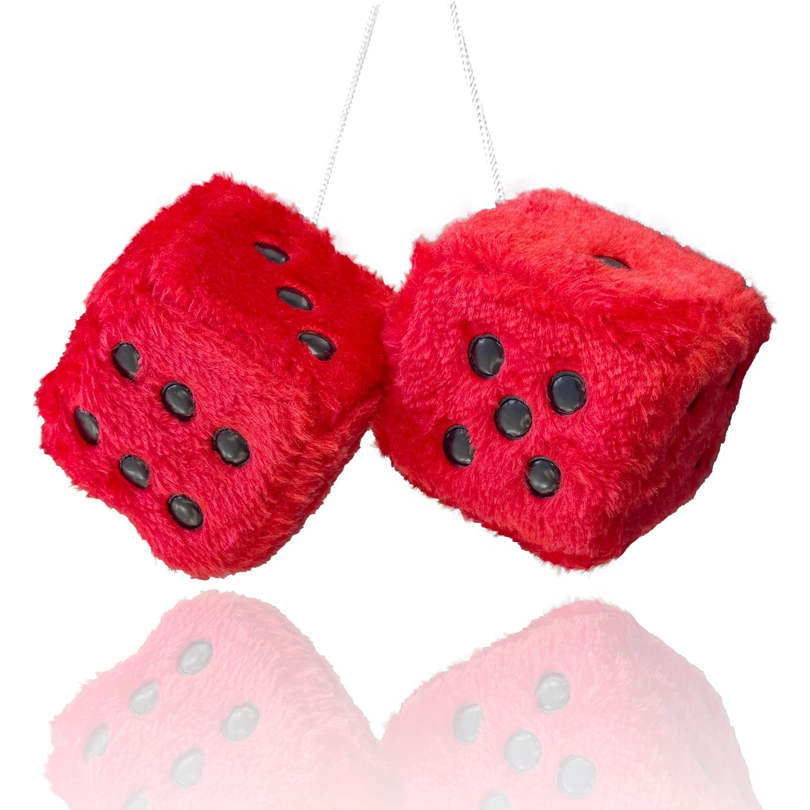 Fuzzy Plush Dice for Car Mirror, Pair of Retro 3” Red Dice with Black Dots for Car Interior Hanging Ornament Decoration