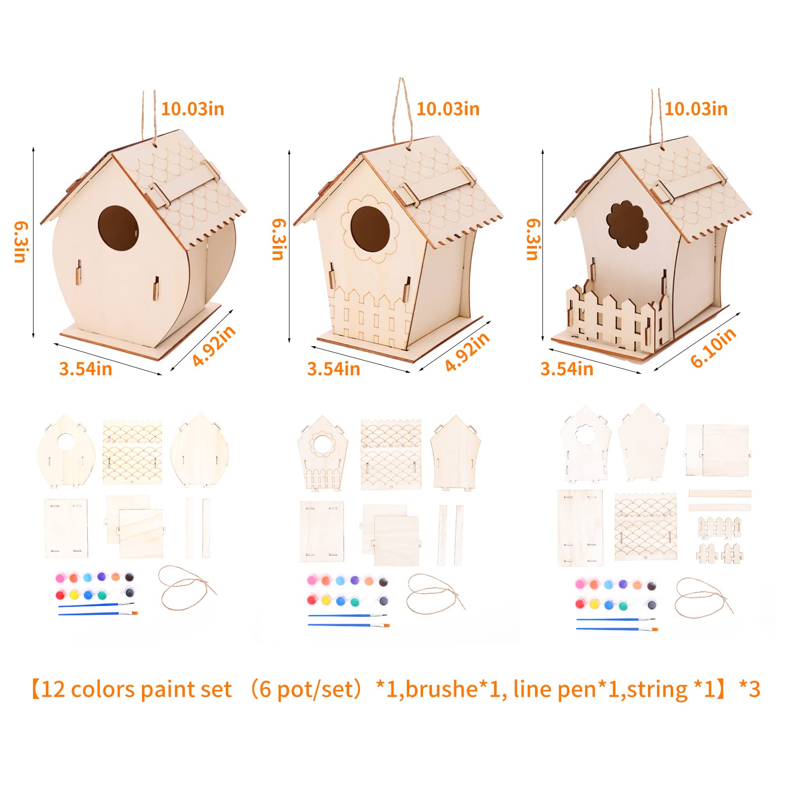 OTWVBU 3 Pack DIY Wooden Birdhouse Kits, Arts and Crafts Painting Kits for Kids, Includes Unfinished Wooden Bird House, Paints, Brushes, Creative Gifts for Age 4-8 Years Old Children Boys & Girls