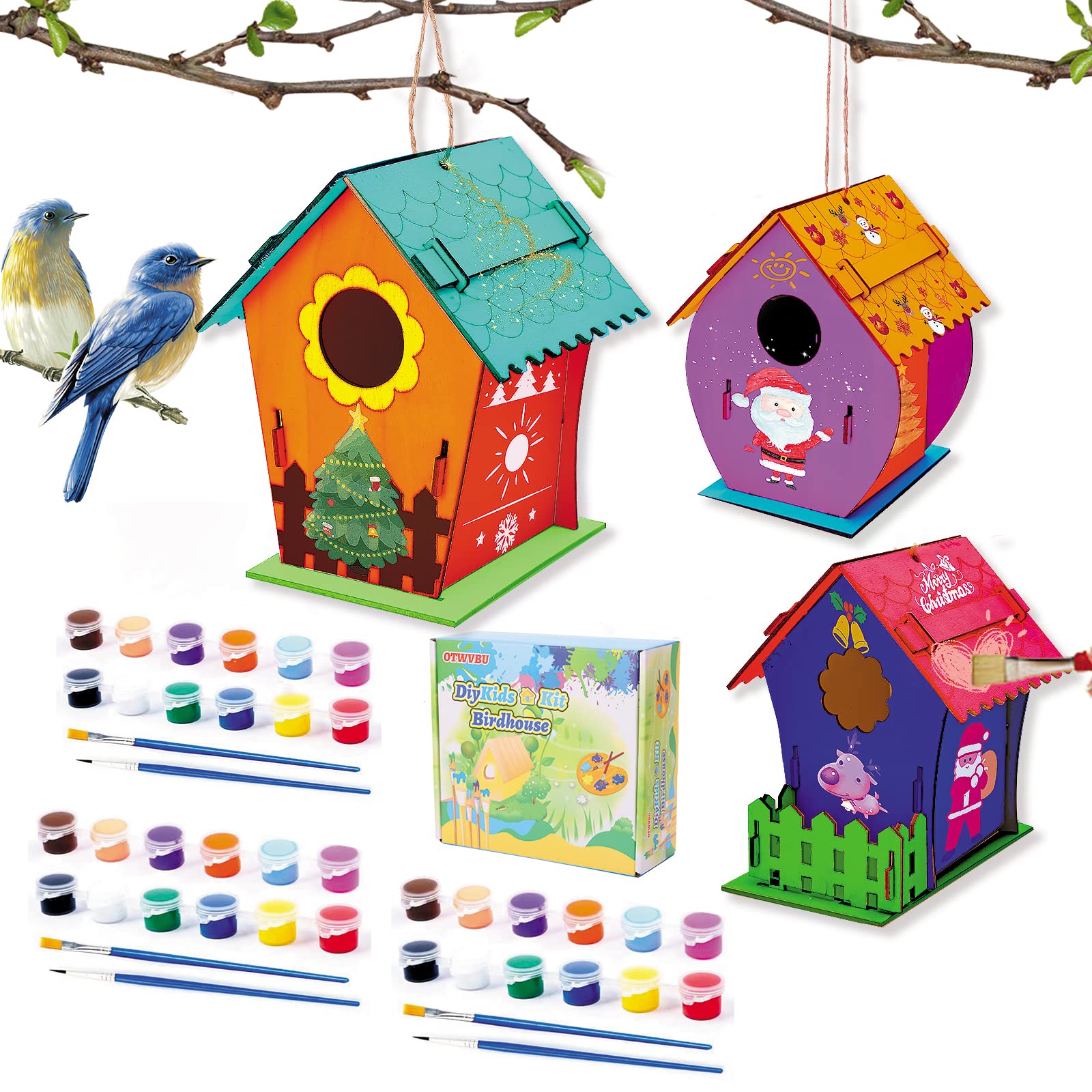 OTWVBU 3 Pack DIY Wooden Birdhouse Kits, Arts and Crafts Painting Kits for Kids, Includes Unfinished Wooden Bird House, Paints, Brushes, Creative Gifts for Age 4-8 Years Old Children Boys & Girls