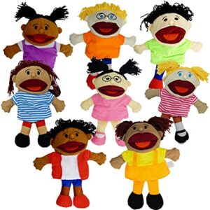 8 hand puppets for kids, multicultural puppets with movable mouth (8 pack) bulk soft plush puppets, school home puppet theater shows toys, teachers classroom supplies