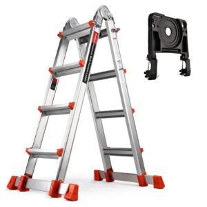 soctone ladder, a frame 4 step extension ladder, 14 ft with multi position & removable tool tray with stabilizer bar, 330 lbs weight rating telescoping ladder for household or outdoor work