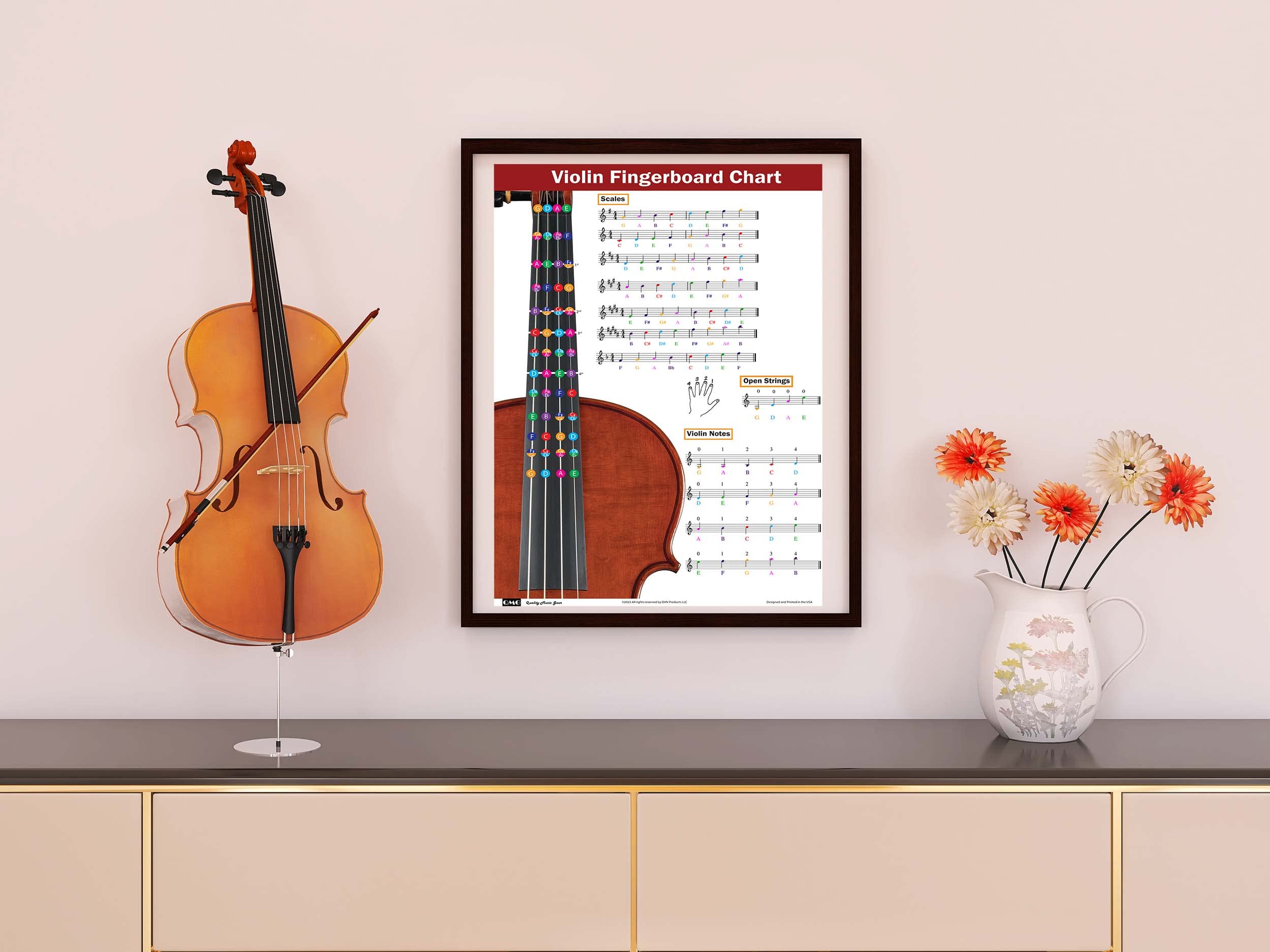 QMG Violin Fingering Chart with Color-Coded Notes, Learn Violin Scales Techniques Suitable for All Levels