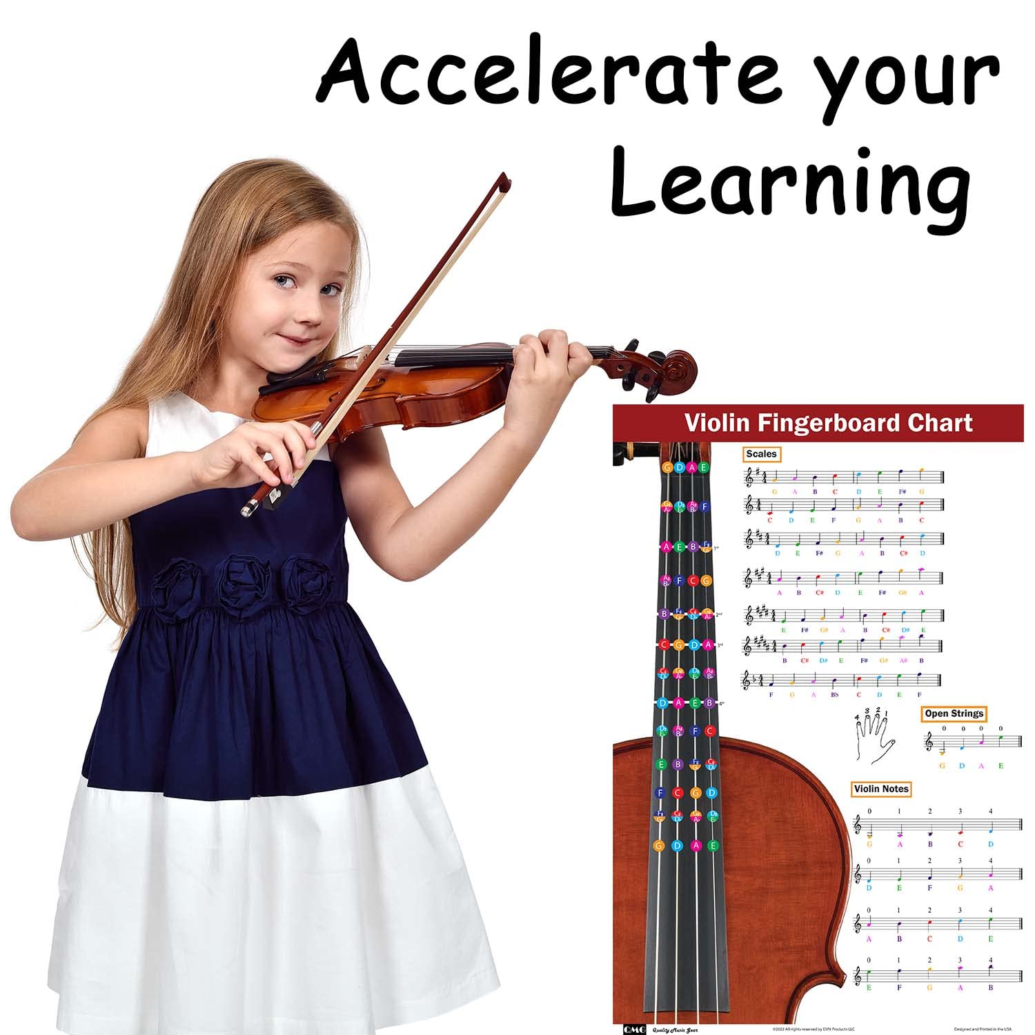 QMG Violin Fingering Chart with Color-Coded Notes, Learn Violin Scales Techniques Suitable for All Levels