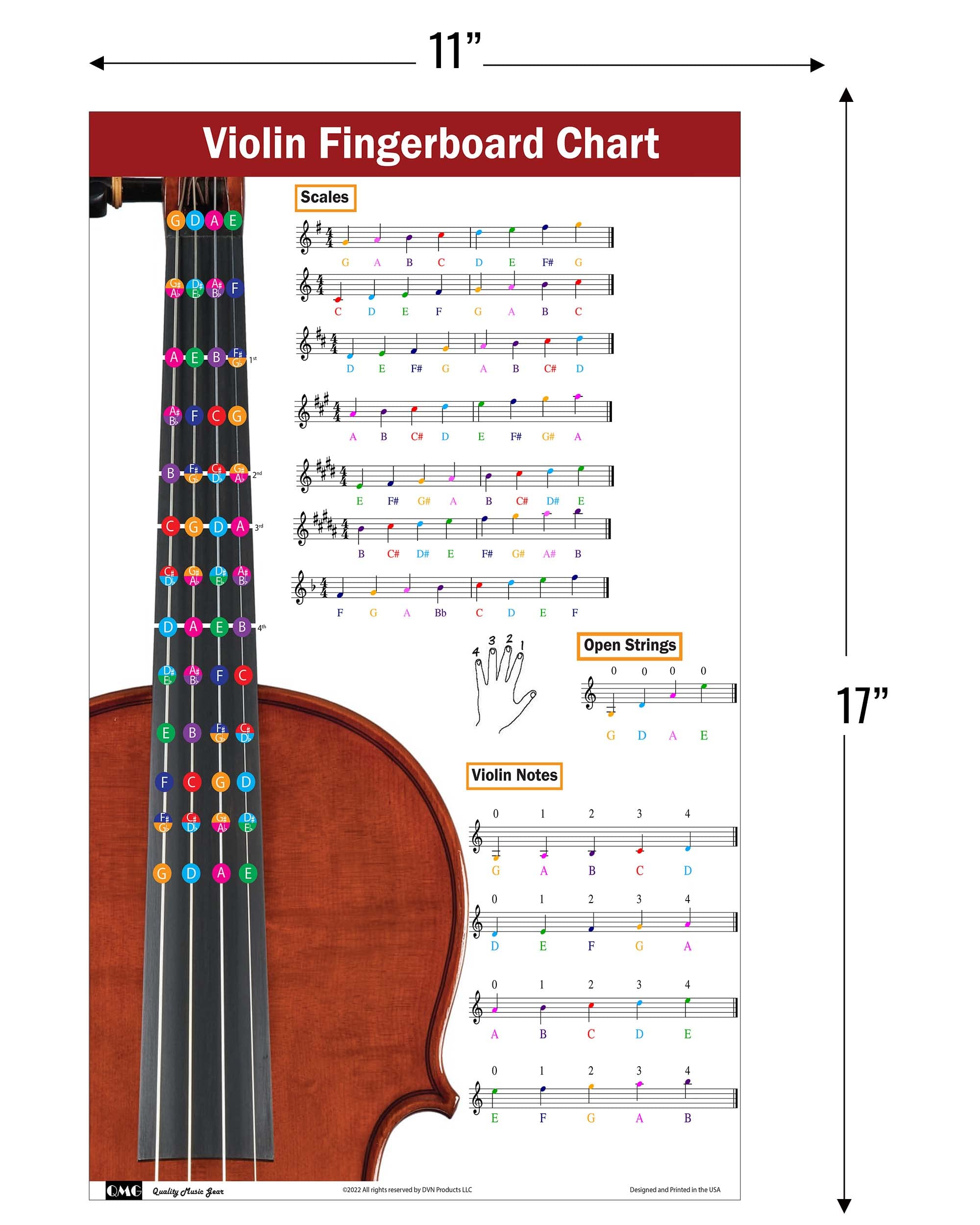 QMG Violin Fingering Chart with Color-Coded Notes, Learn Violin Scales Techniques Suitable for All Levels