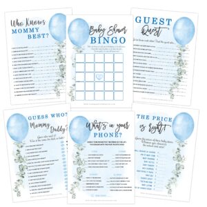 your main event prints boy baby shower games (set of 6 fun activities for 25 guests), blue boy themed baby shower games