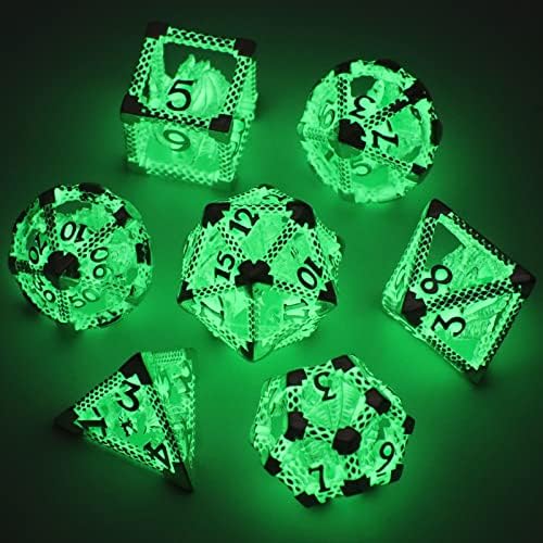 HNCCESG Glow DND Dice Hollow Polyhedral Dragon Metal Dice Set Luminous RPG D&D Dice for Dungeons and Dragons Role Playing MTG Table Games Pathfinder Warhammer Shadowrun (3D Green Light)