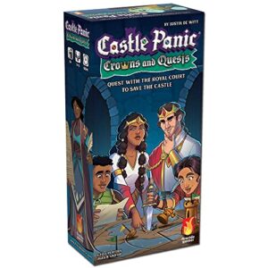 castle panic: crowns and quests | expansion | board game for adults and family | cooperative | ages 8+ | for 1 to 6 players | average playtime 45 minutes | made by fireside games