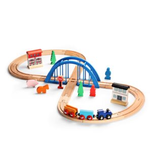 sainsmart jr. wooden train set figure 8 for toddlers kids with train tracks bridge fits brio, thomas, melissa and doug, chuggington wood toy train for 3 4 5 years old boys and girls (20-347)