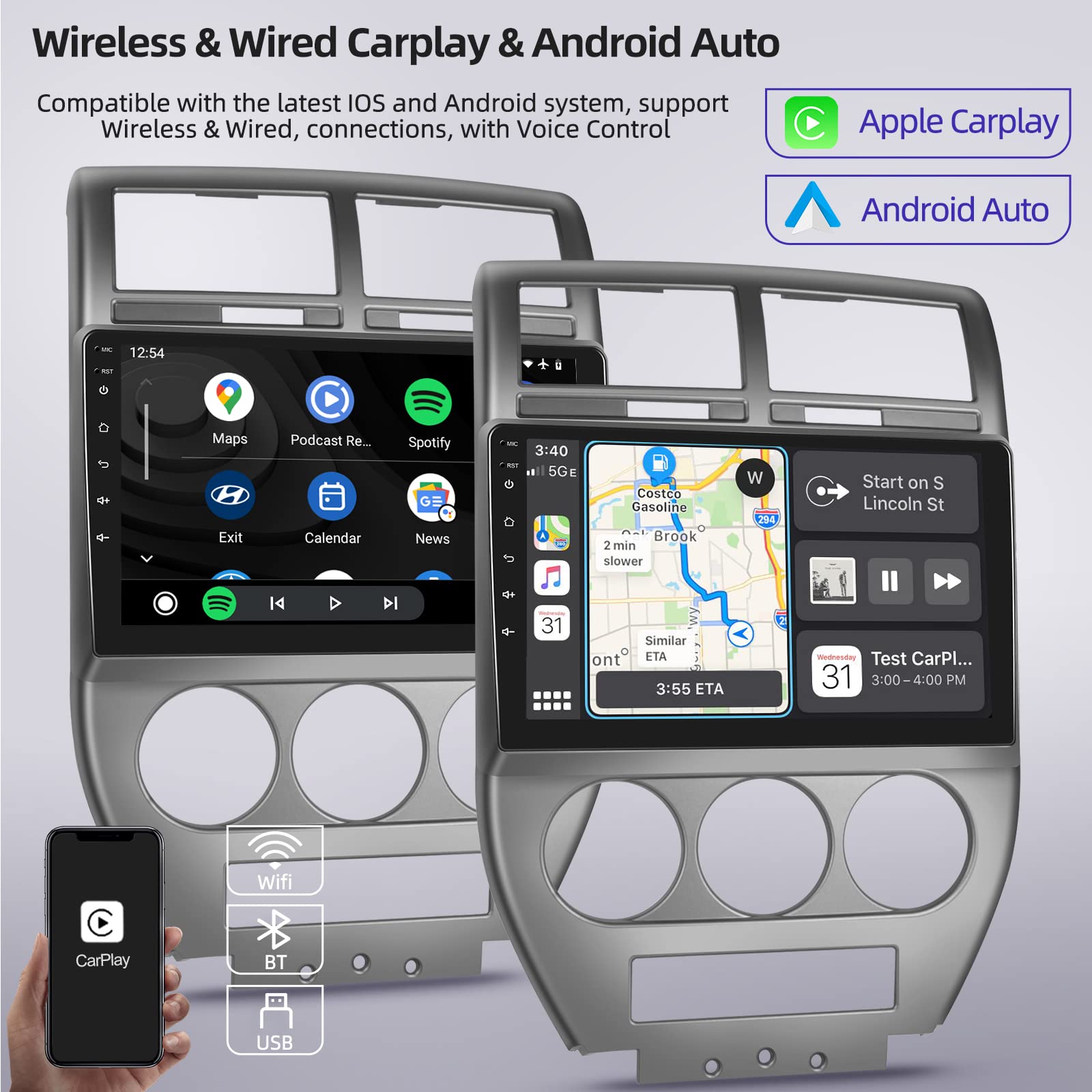 [2+64G] Android 13 Car Stereo for Jeep Compass Patriot 2007 2008 2009 with Apple Carplay and Android Auto 10.1 inch Touchscreen Radio Bluetooth + External Microphone GPS WiFi SWC Hi-Fi Audio