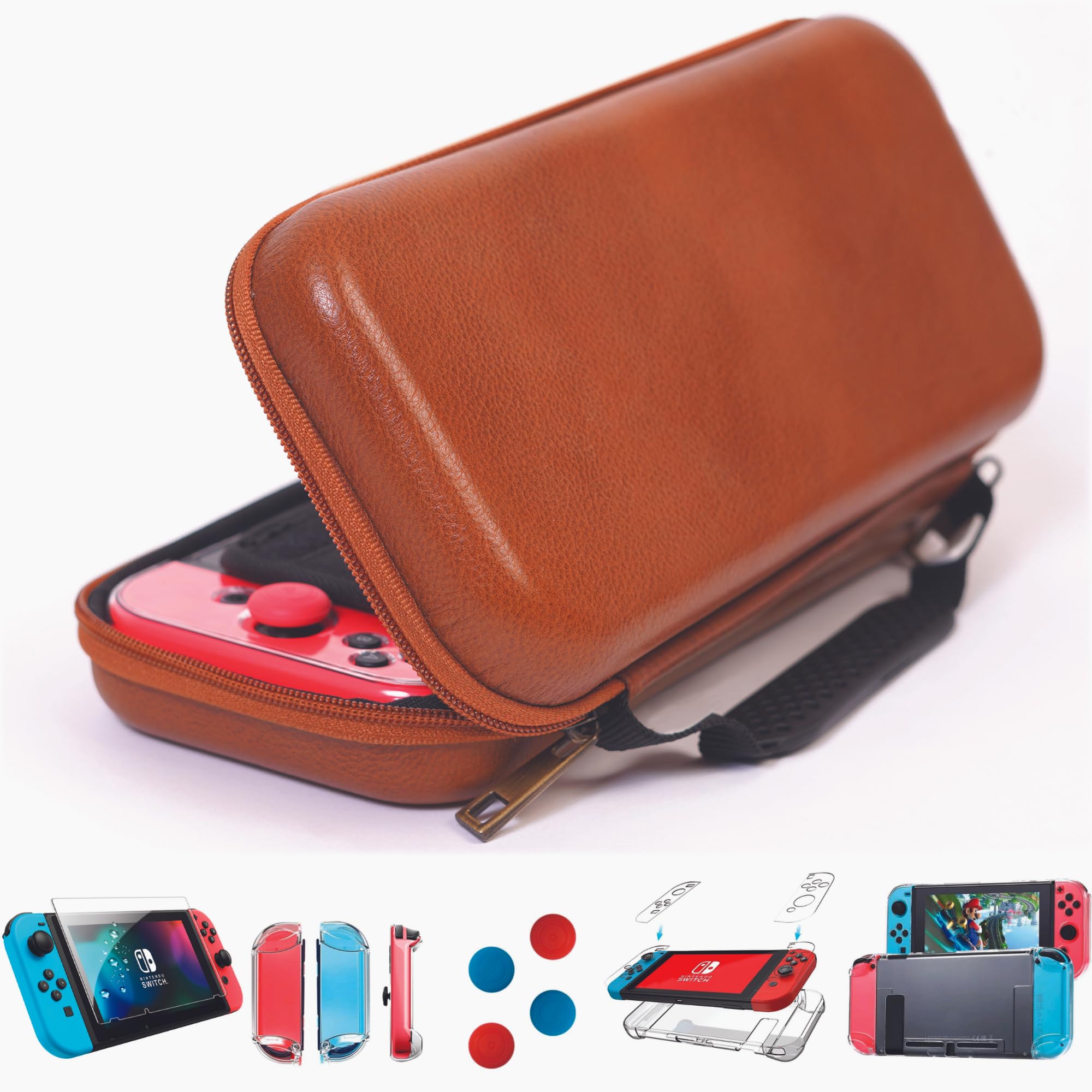 DreamController Limited Edition Genuine Leather Hard Shell Travel Case for Nintendo Switch with 10 Gamecard Slot with Back Protective Dockable Case, 2 Joycon Cover, 4 Thumbstick Cap & Screen Protector