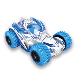 geospace friction stunt car with 360 rotating front wheels - 1 hand held push-powered stunt car (white/blue)