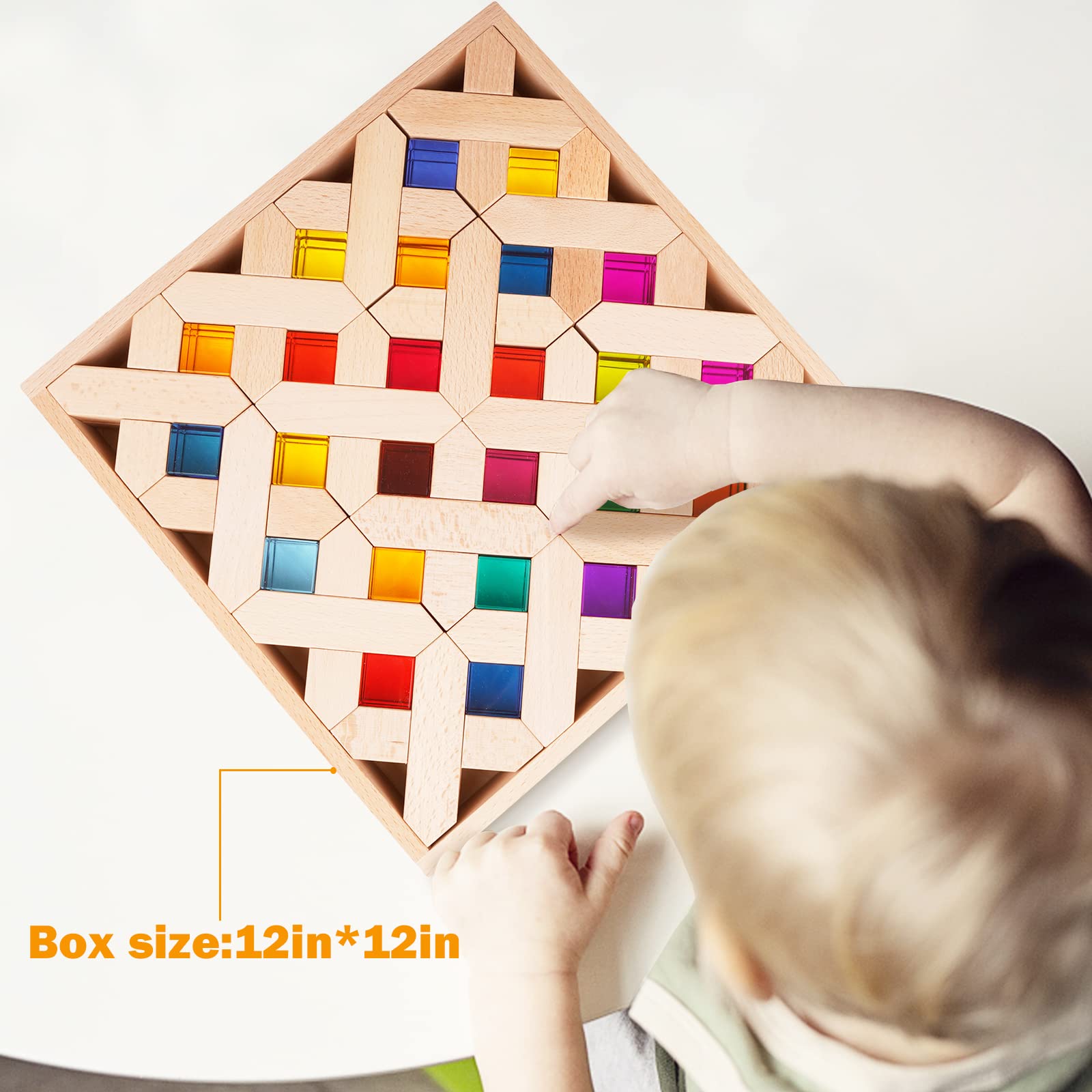 Agirlgle Wooden Rainbow Building Blocks Cube Gem Stacking Blocks Toy - Colorful Montessori Rainbow Stacker Toy Elegant Wood Rainbow Cube Blocks- Acrylic Blocks Educational Toys for Toddlers- 80Pcs