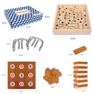 Offelec 5 in 1 Board Game with Wooden Brain Teaser Puzzles, Metal Brain Teaser Puzzles, Labyrinth, Wooden Stacking Tower, and Tic Tac Toe Toy Games, Board Games for Kid and Adults, Party Family Game