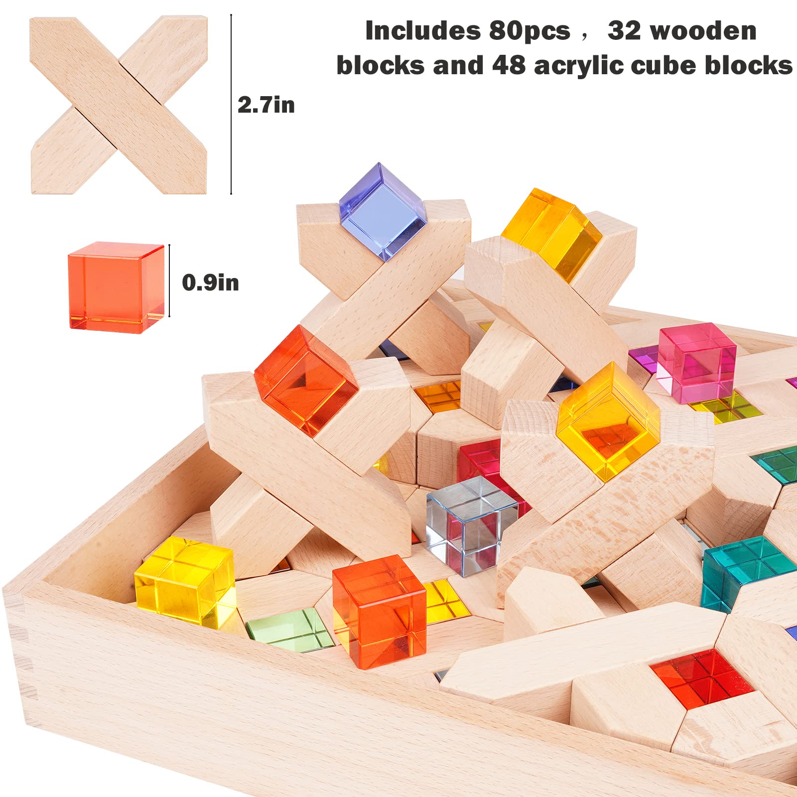 Agirlgle Wooden Rainbow Building Blocks Cube Gem Stacking Blocks Toy - Colorful Montessori Rainbow Stacker Toy Elegant Wood Rainbow Cube Blocks- Acrylic Blocks Educational Toys for Toddlers- 80Pcs