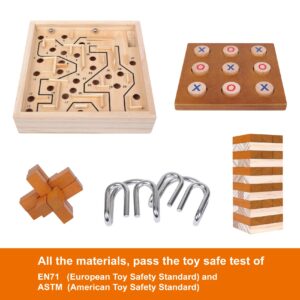 Offelec 5 in 1 Board Game with Wooden Brain Teaser Puzzles, Metal Brain Teaser Puzzles, Labyrinth, Wooden Stacking Tower, and Tic Tac Toe Toy Games, Board Games for Kid and Adults, Party Family Game