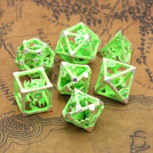 HNCCESG Glow DND Dice Hollow Polyhedral Dragon Metal Dice Set Luminous RPG D&D Dice for Dungeons and Dragons Role Playing MTG Table Games Pathfinder Warhammer Shadowrun (3D Green Light)