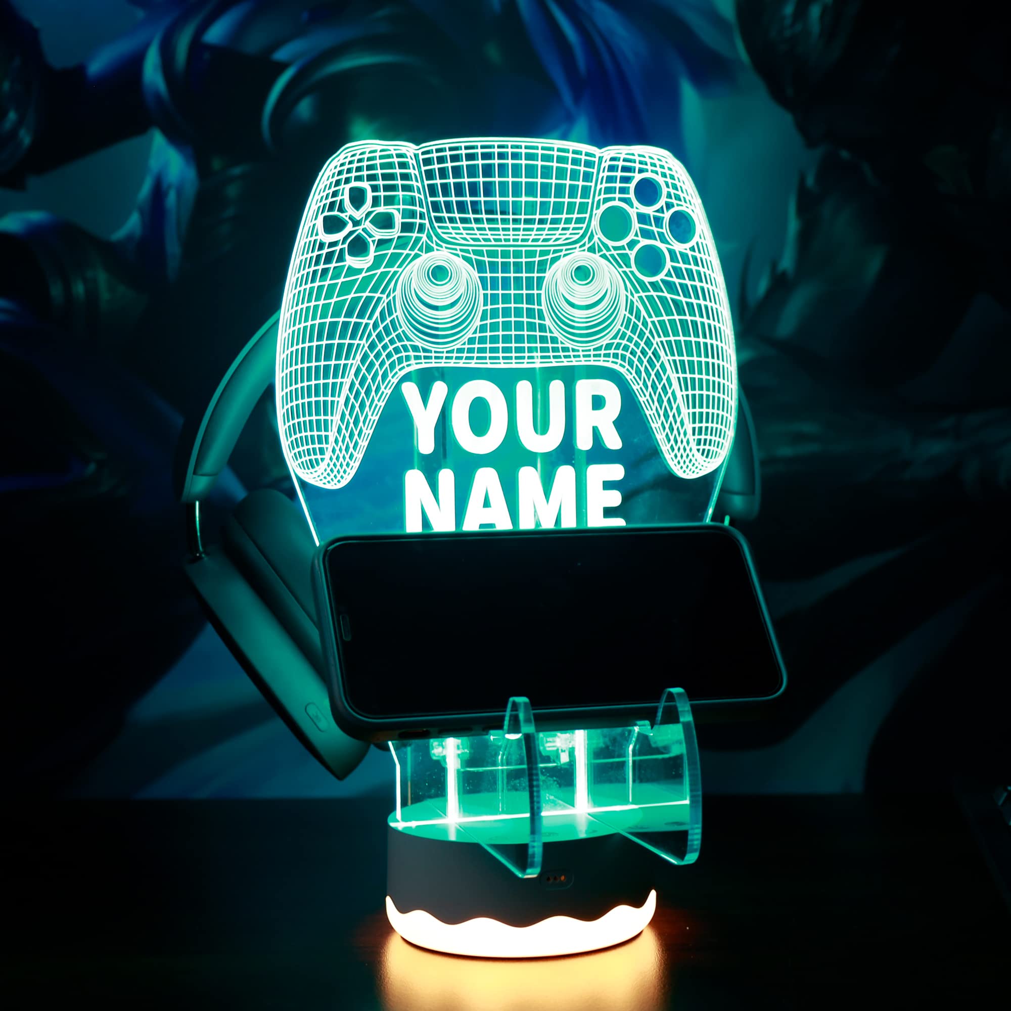 Light up Headphone Controller Holder, 16 Colors 3D LED Lights Gamepad Stand, Game Controller Hanger for All Universal Gaming PC Accessories (Customize Headphone & Controller Holder)