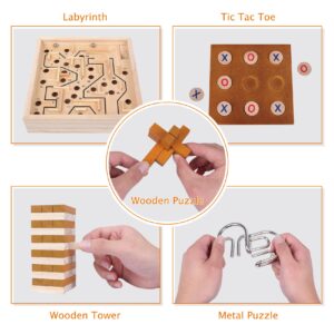 Offelec 5 in 1 Board Game with Wooden Brain Teaser Puzzles, Metal Brain Teaser Puzzles, Labyrinth, Wooden Stacking Tower, and Tic Tac Toe Toy Games, Board Games for Kid and Adults, Party Family Game