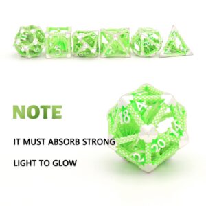 HNCCESG Glow DND Dice Hollow Polyhedral Dragon Metal Dice Set Luminous RPG D&D Dice for Dungeons and Dragons Role Playing MTG Table Games Pathfinder Warhammer Shadowrun (3D Green Light)