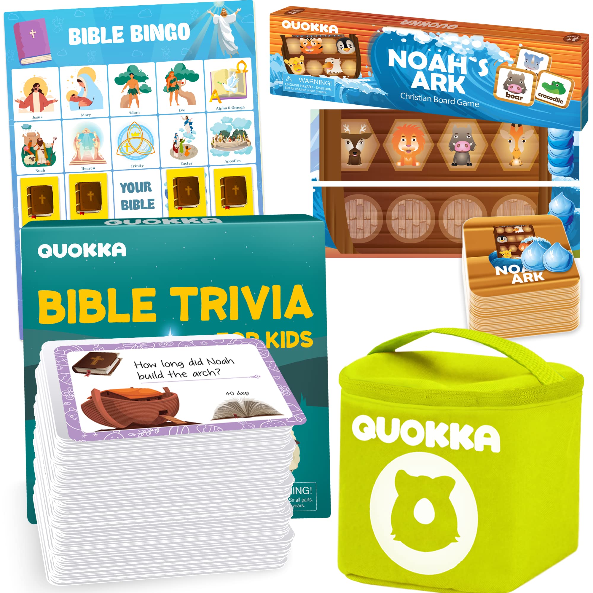 QUOKKA 3X Set Bible Games for Kids 4-6 - Board Bingo Game - Bible Trivia for Family - Noah Ark Toy - Cooperative Card Games for Toddlers Ages 4-8 - Christian Gifts for Kids for Sunday School